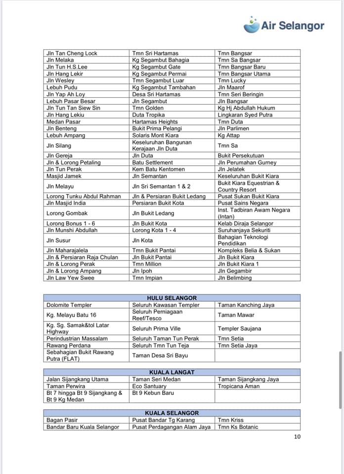 Gangguan Air Di Hulu Selangor, Kuala Langat & Kuala Selangor Disahkan Pulih