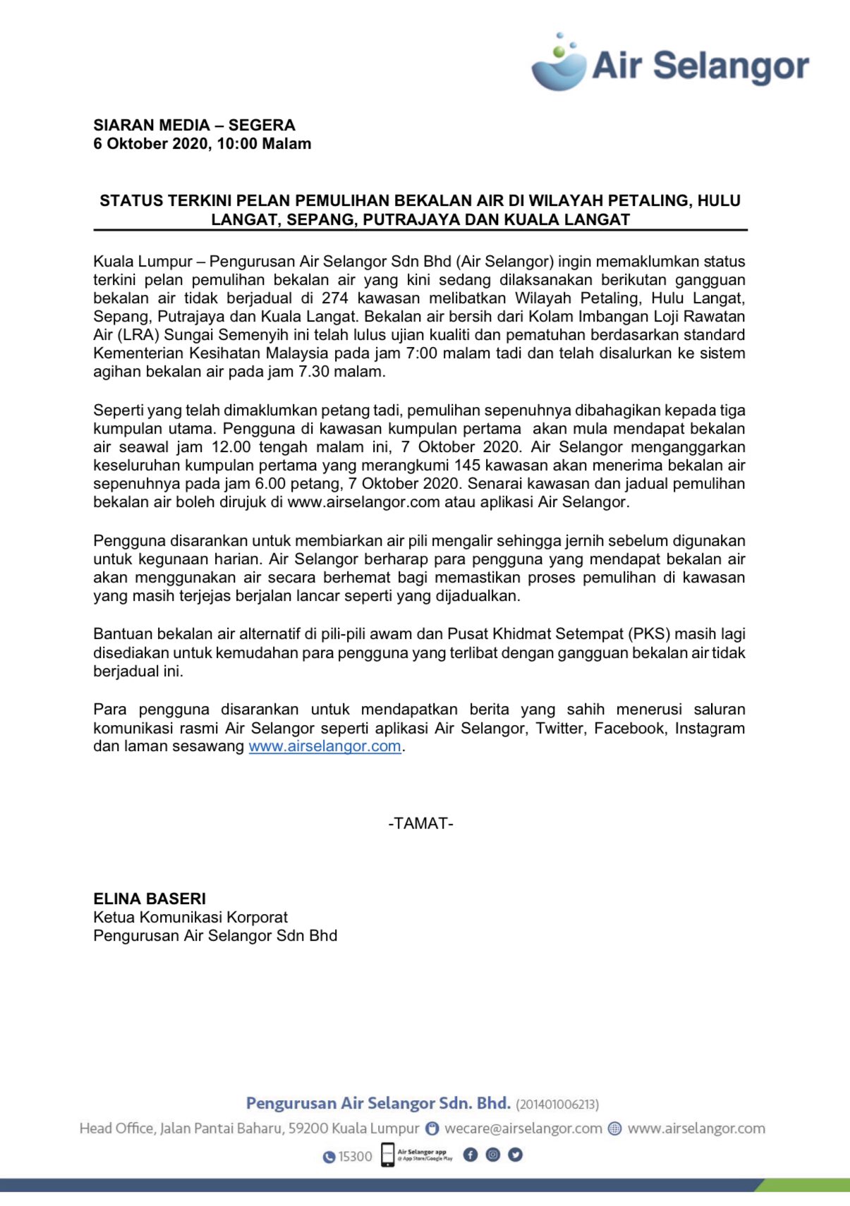 Air Selangor Anggarkan 145 Kawasan Terjejas Akan Mula Terima Bekalan Air Sepenuhnya Jam 6 Petang ...