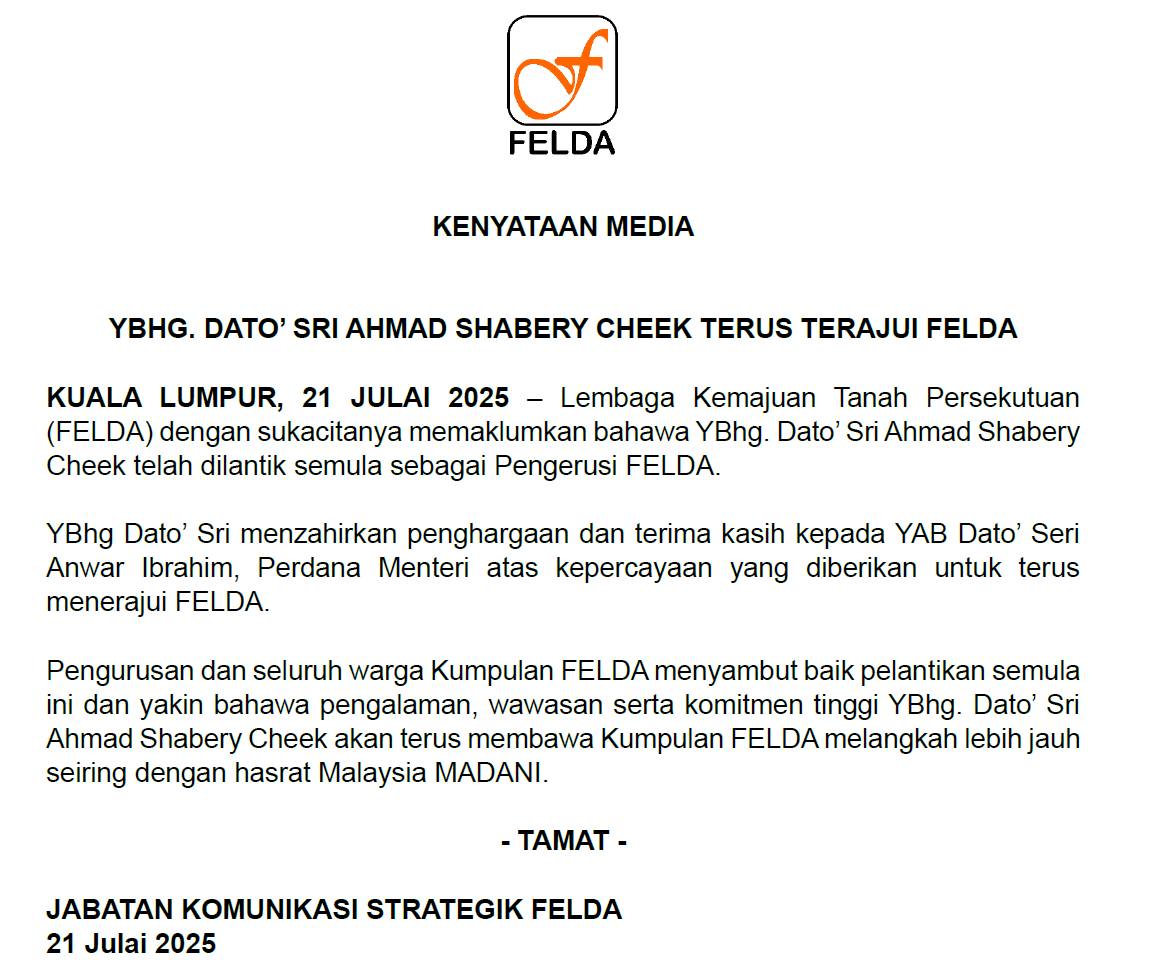 Ahmad Shabery Dilantik Semula Sebagai Pengerusi FELDA