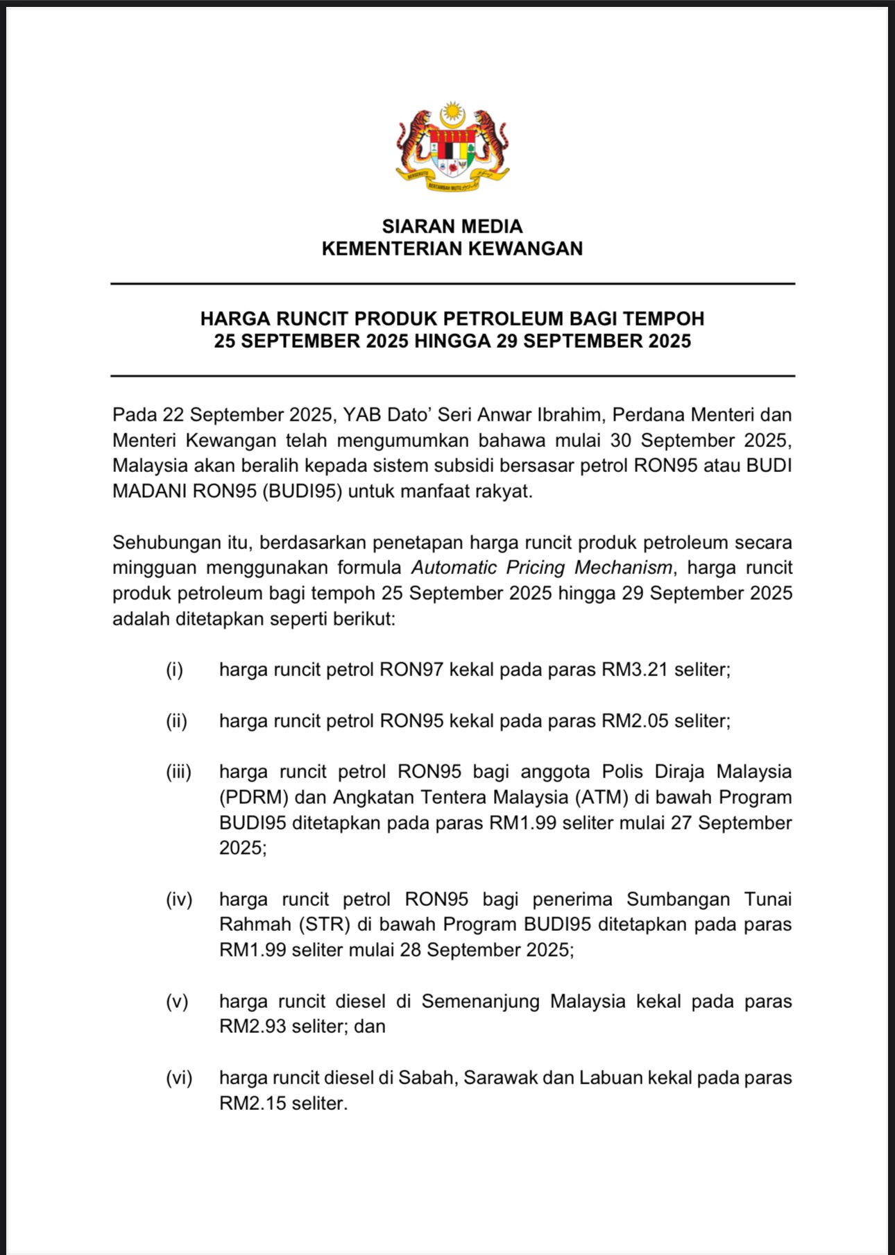 Harga Runcit Produk Petroleum Bagi Tempoh 25 - 29 September