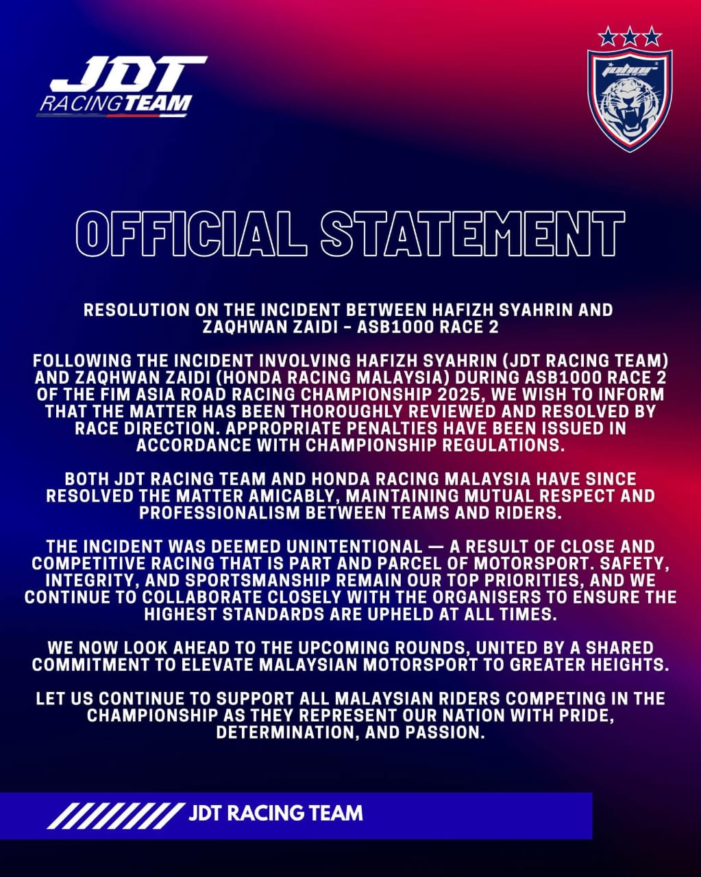 Kenyataan Rasmi JDT Racing Team Berhubung Insiden Hafizh-Zaqhwan